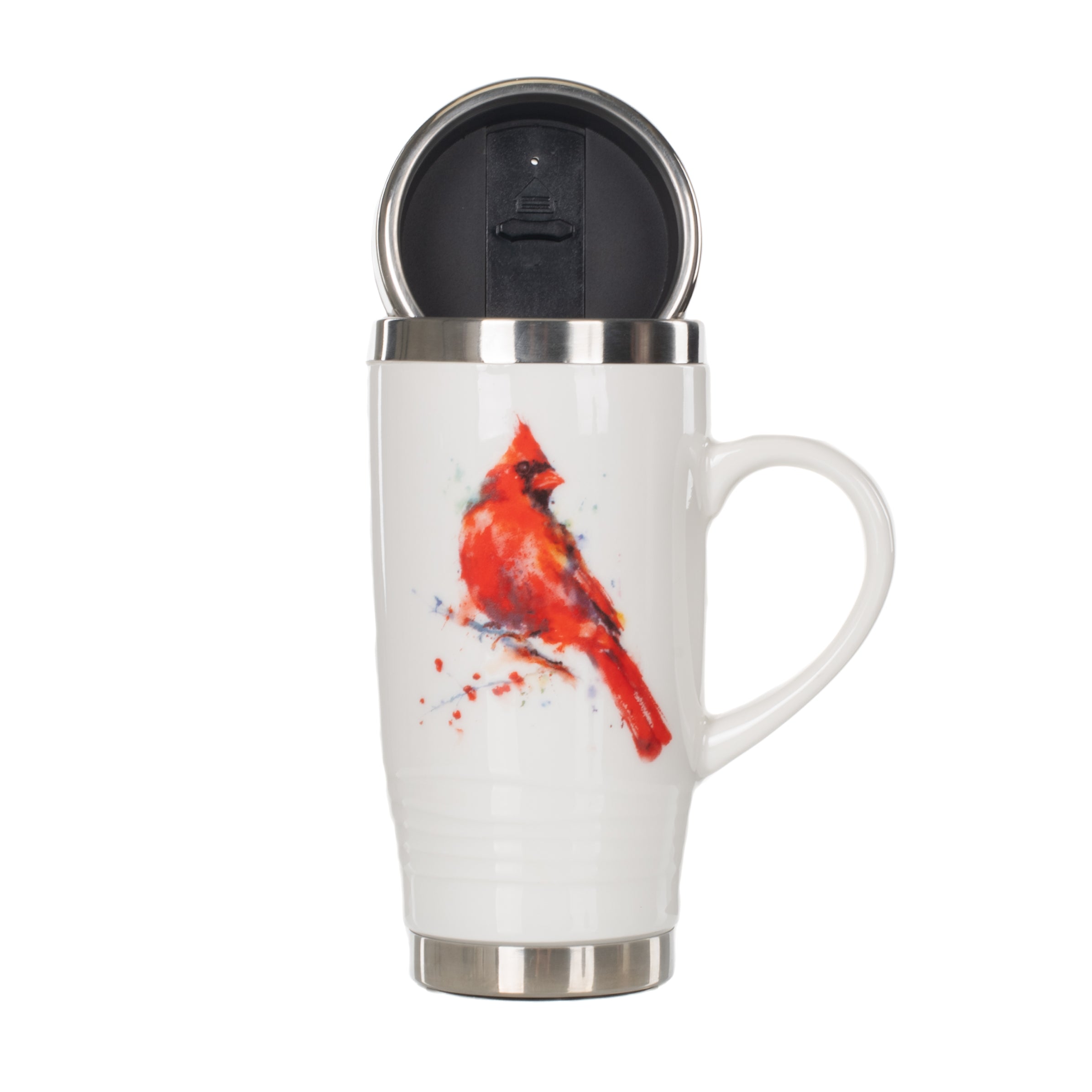 Demdaco Redhead Cardinal Bird Watercolor Glossy Stoneware Travel Mug,