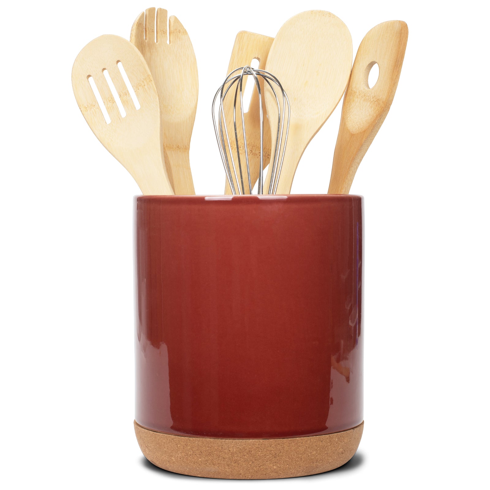 Glossy X-Large Ceramic Stoneware Cork Bottom Kitchen Utensil Holder, R