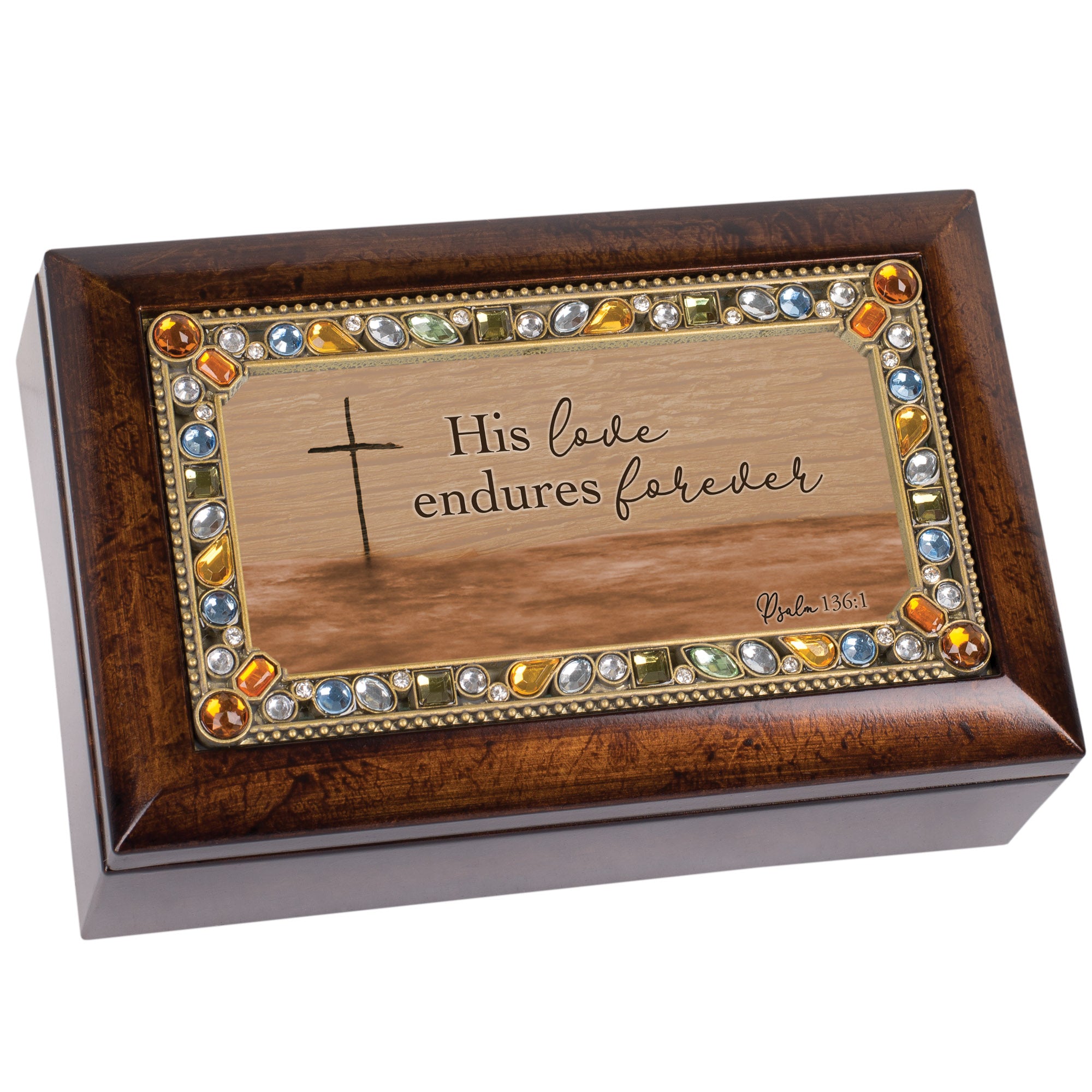 His Love Endures Jeweled Amber Music Box Plays Amazing Grace